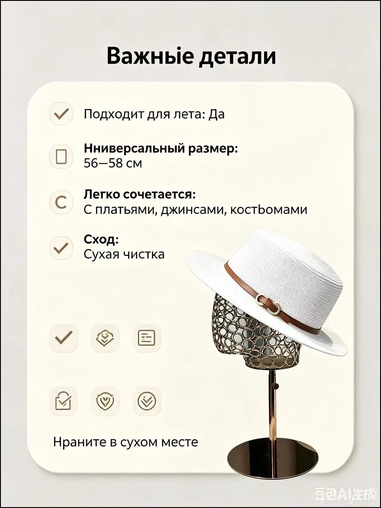 Шляпа  Весна-лето 2024 для женщин, размер М (56-58 см), белый — фото 1