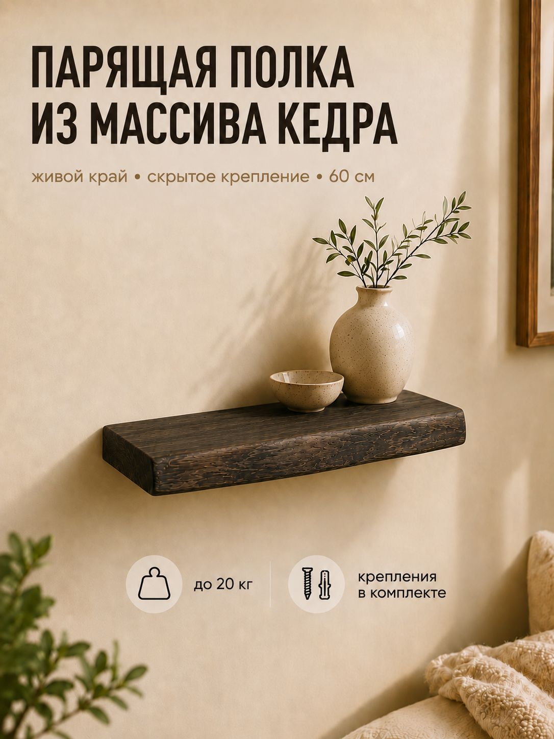 Полка настенная навесная парящая деревянная 60 см
