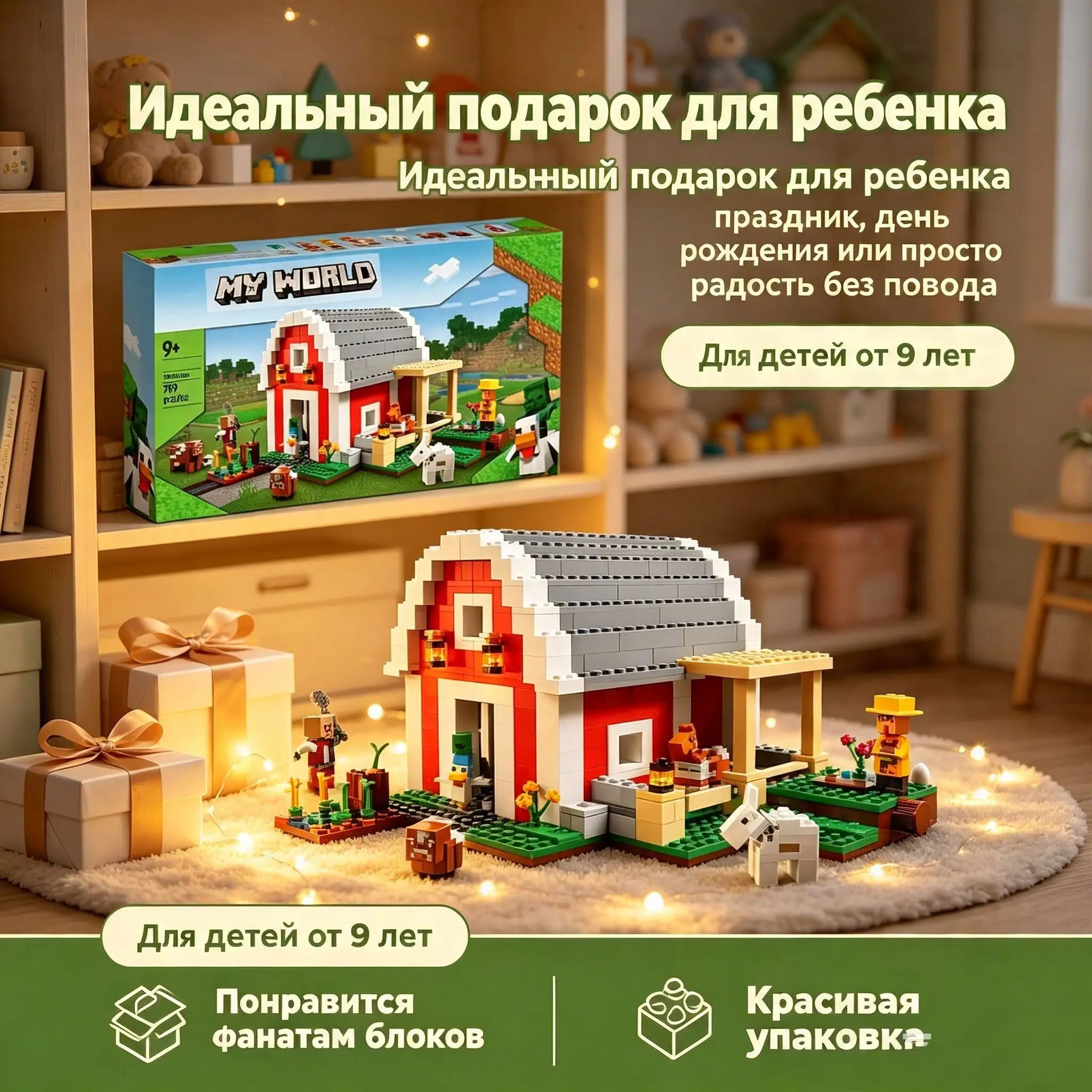 Конструктор Красная ферма My World (аналог Minecraft) 799 деталей, набор для сборки, игрушка для детей от 9 лет