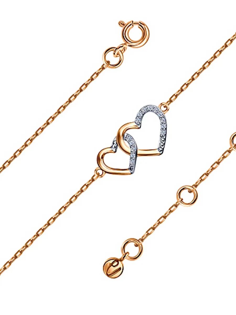 Браслет-цепочка, красное золото, 585 проба, фианит