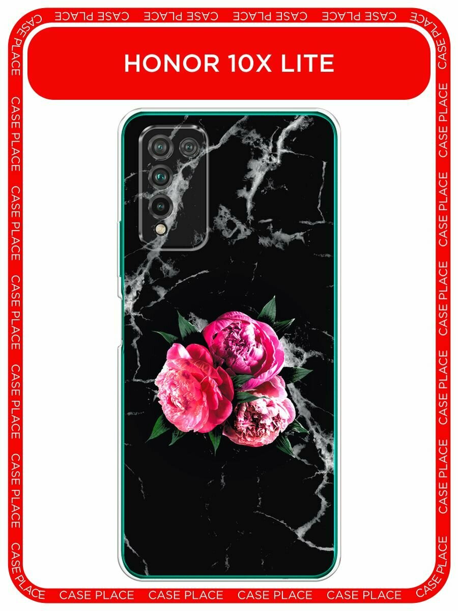 Чехол на Honor 10X Lite / Хонор 10X Лайт с принтом "Букет на черном мраморе"