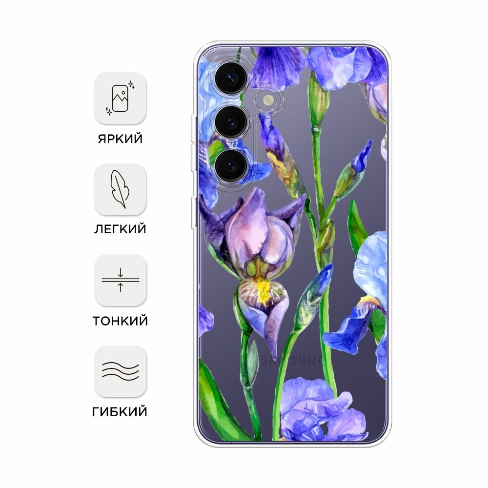 Чехол на Samsung Galaxy S24 Plus / Самсунг S24 Plus с принтом "Синие ирисы", прозрачный — фото 1