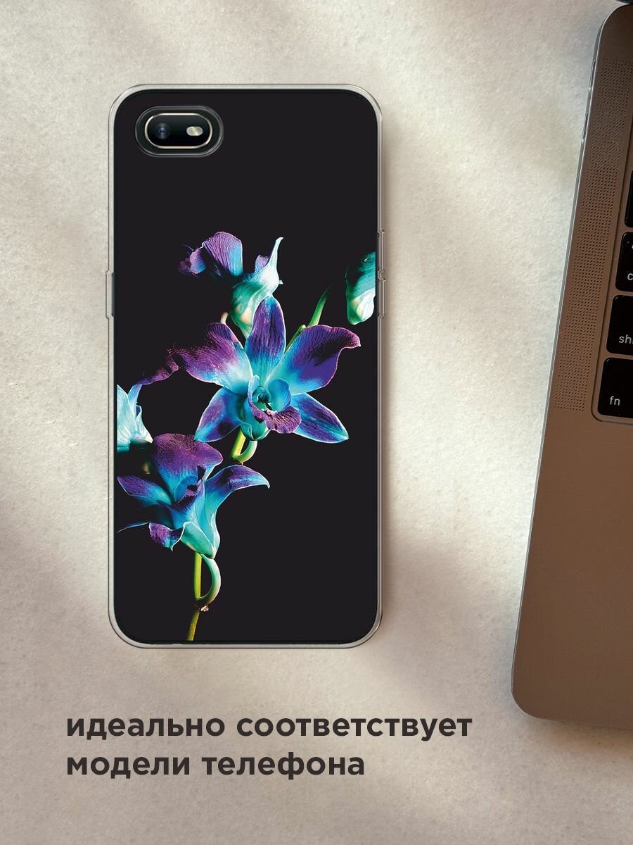 Чехол на Oppo A1k / Оппо А1к с принтом "Синий цветок на черном" — фото 1