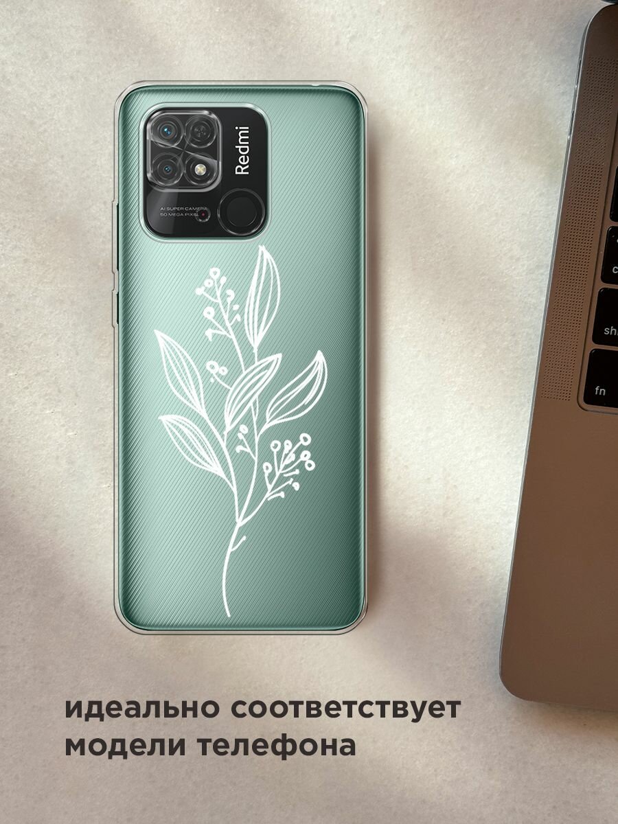 Чехол на Xiaomi Redmi 10C / Сяоми Редми 10C с принтом "Ветка с листочками и цветами", прозрачный — фото 1