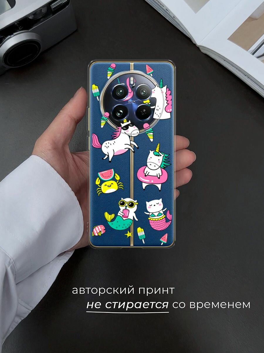 Чехол на Realme 12 Pro / Реалми 12 Про с принтом "Единороги в отпуске", прозрачный — фото 1