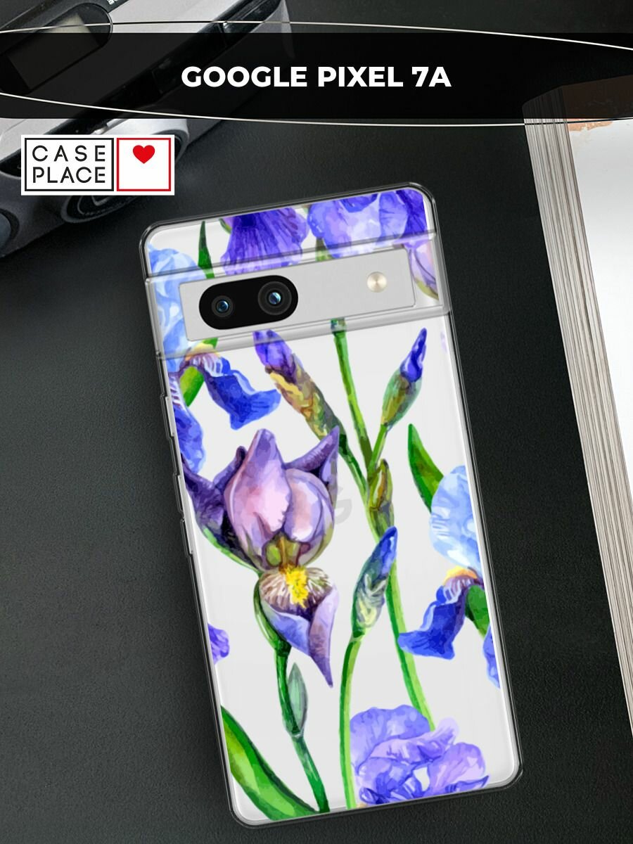 Чехол на Google Pixel 7a / Гугл Пиксель 7a с принтом "Синие ирисы", прозрачный