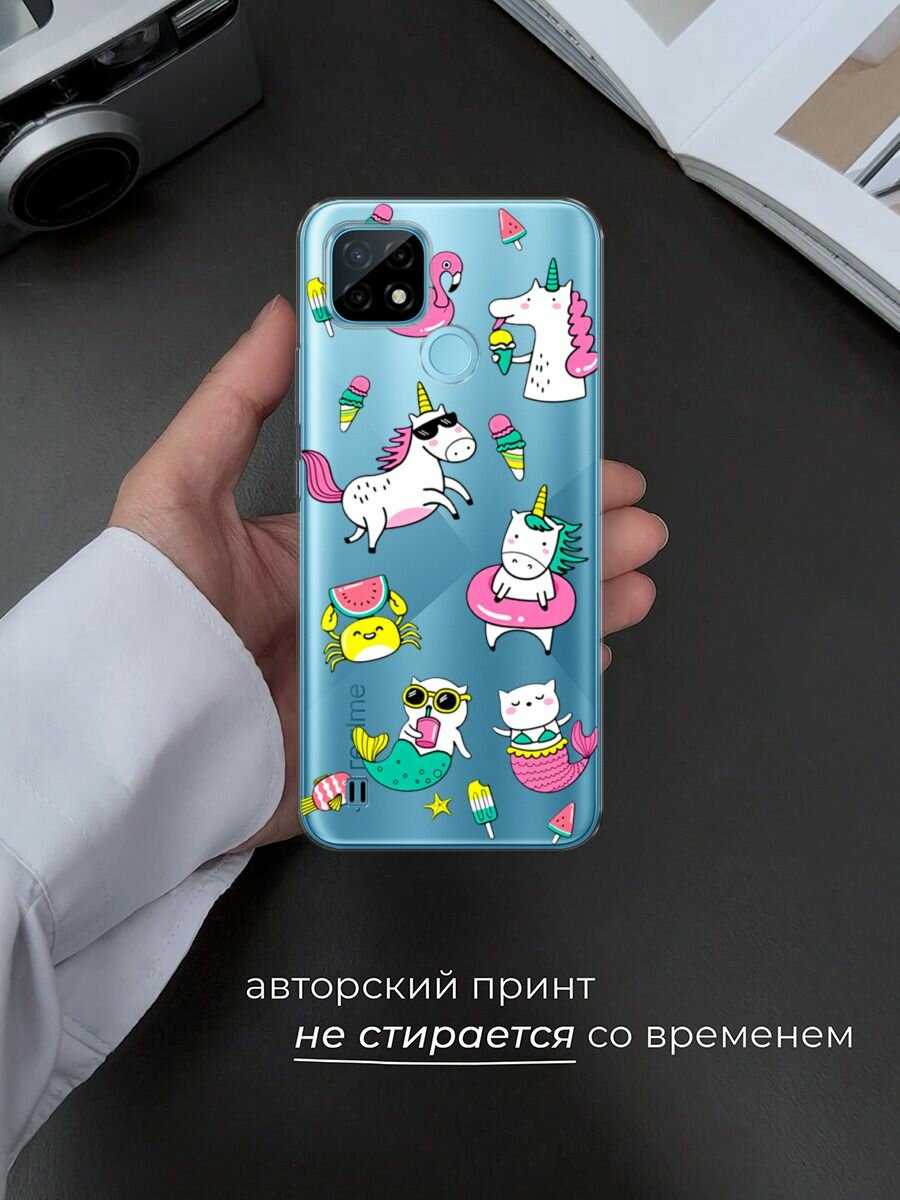 Чехол на Realme C21 / Реалми С21 с принтом "Единороги в отпуске", прозрачный — фото 1
