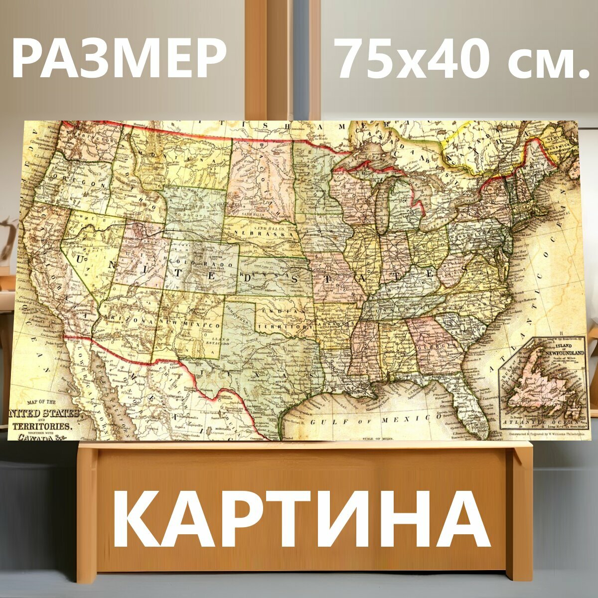 Картина на холсте "Карта соединенных штатов, карта северной америки, карта" на подрамнике 75х40 см. для интерьера
