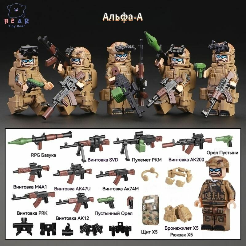 (Новинка 2025 года) Конструктор Alpha Military Force/Совместим с мини-куклами Le Go /5 штук-Группа A
