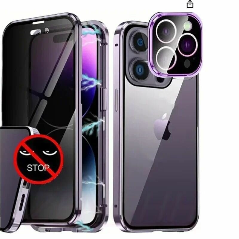 Чехол на Apple iPhone 14 (Чехол Айфон 14), с Магнитный Металлобампер, Закаленное Стекло с Приватностью и Защита Камеры, Фиолетовый