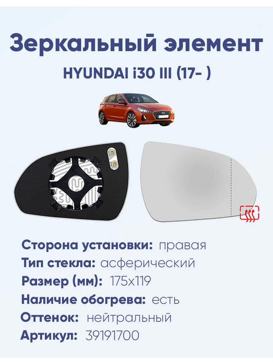 Зеркальный элемент правый HYUNDAI i30 III (17- )A39191700