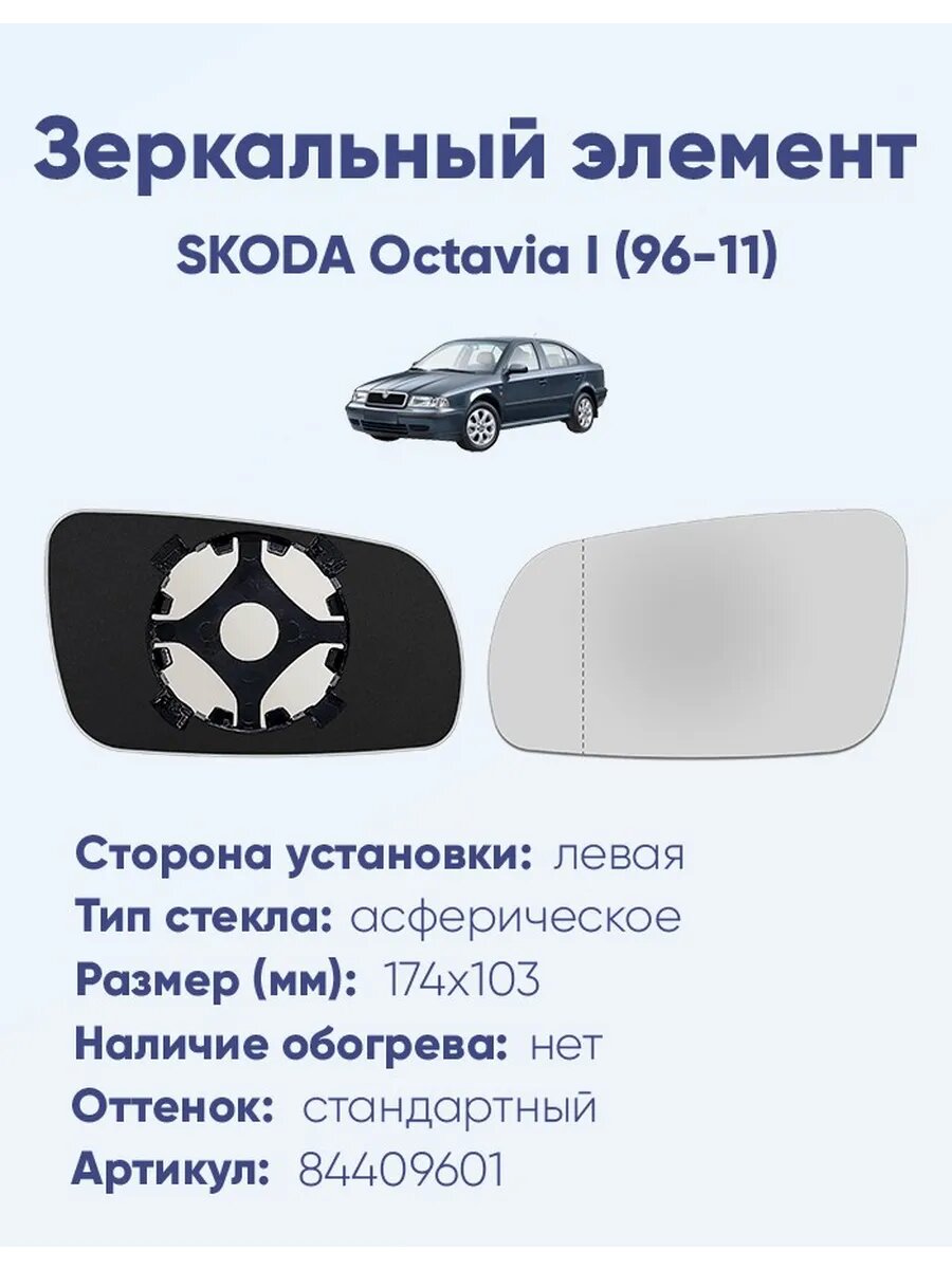 Зеркальный элемент левый SKODA Octavia I (96-11) асферика нейтральный без обогрева