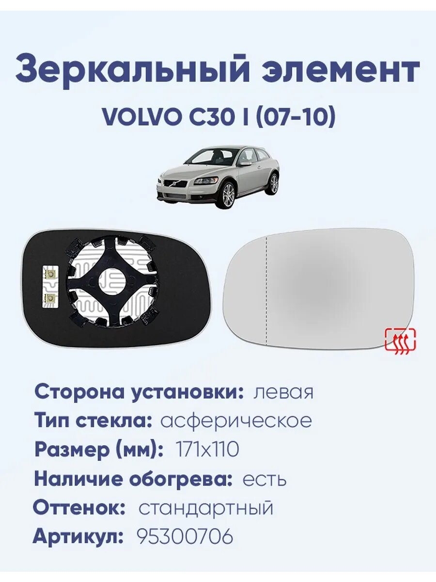 Зеркальный элемент левый VOLVO C30 I (07-10) асферика нейтральный с обогревом