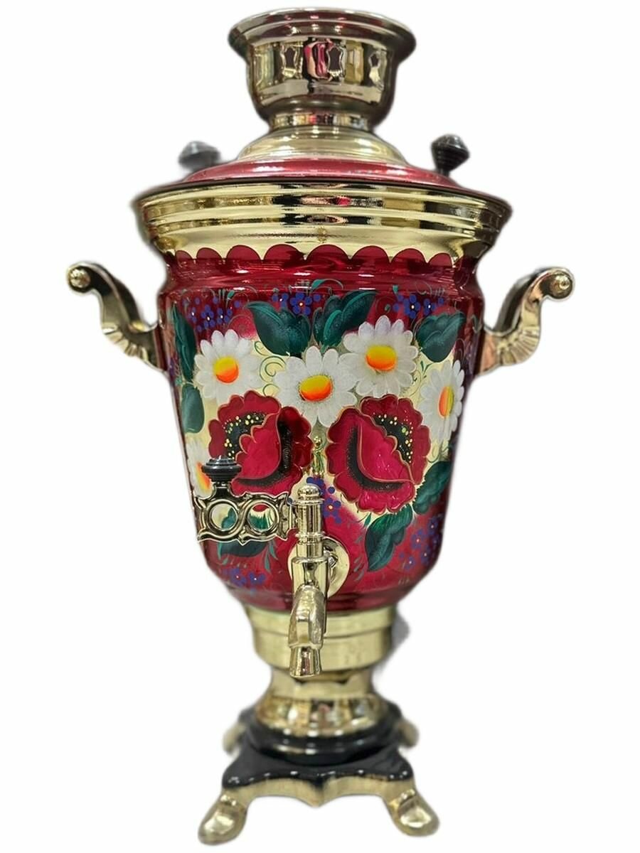 Электрический самовар 4 литра с художественной росписью "Букет на бордовом фоне