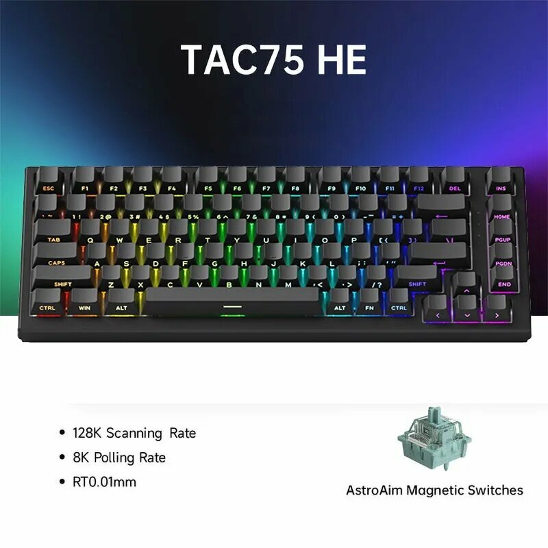 Игровая клавиатура проводная AKKO TAC75 HE Akko AstroAim Magnetic Switch, Английская раскладка, черный, зеленый