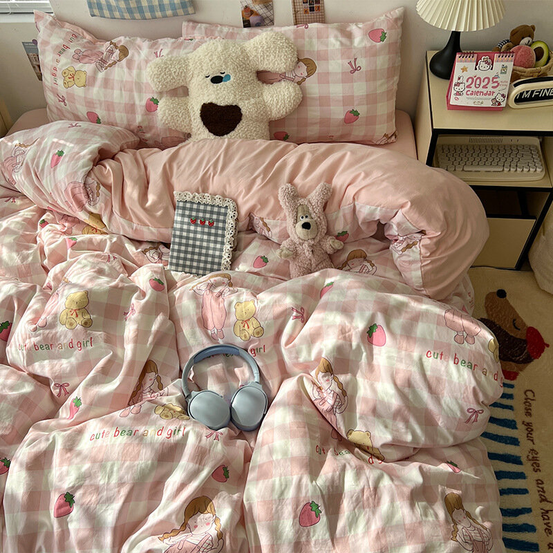 Комплект из четырех простыней из стираного хлопка с милым рисунком (класс А), осеннее постельное белье, пододеяльник для студенческого общежития, комплект из трех предметов,200*230cm