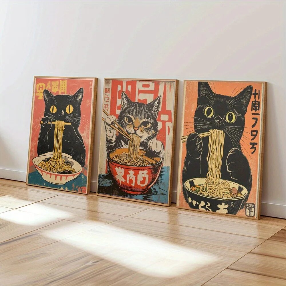 Набор 3 холстов "Черный кот с раменом" 20x30см