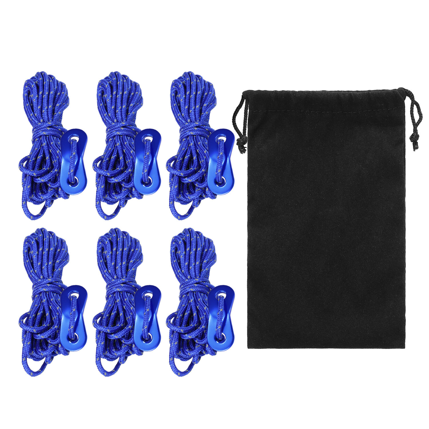 Набор натяжителей для шнуровок палатки 3мм 13ft с рефлекторным канатом и регулировщиком, 6 штук, цвет: красный/синий/оранжевый/зеленый/черный/армейский зеленый, с сумкой для хранения, материал: алюминиевый сплав и полипропиленовая нить