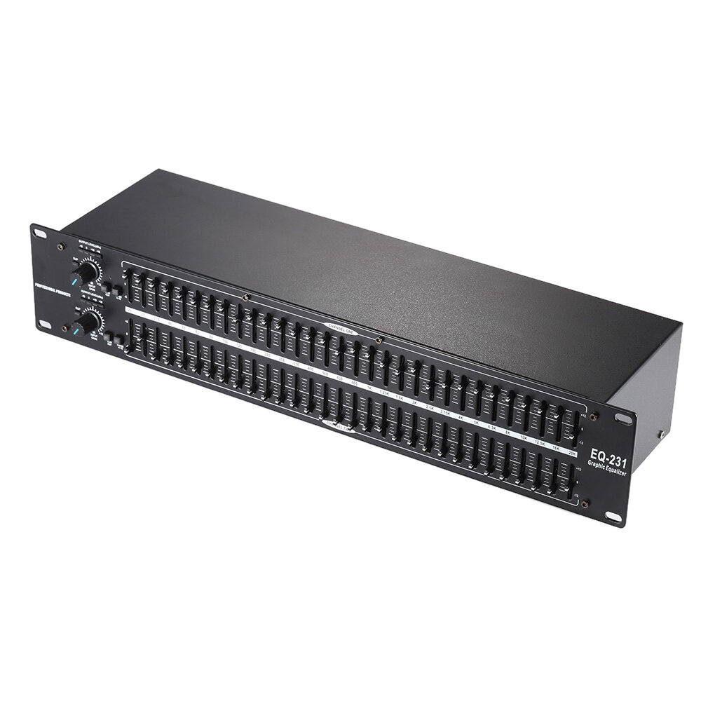 EQ-231 Двухканальный 31-полосный эквалайзер 2U Rack Mount, Черный, Материал: Металл, Входное сопротивление: 20KΩ Unbalanced/40KΩ Balanced, Выходное сопротивление: 330Ω, Частотный диапазон: 20Hz~20KHz ±1db, Источник питания: EU, Рабочее напряжение: