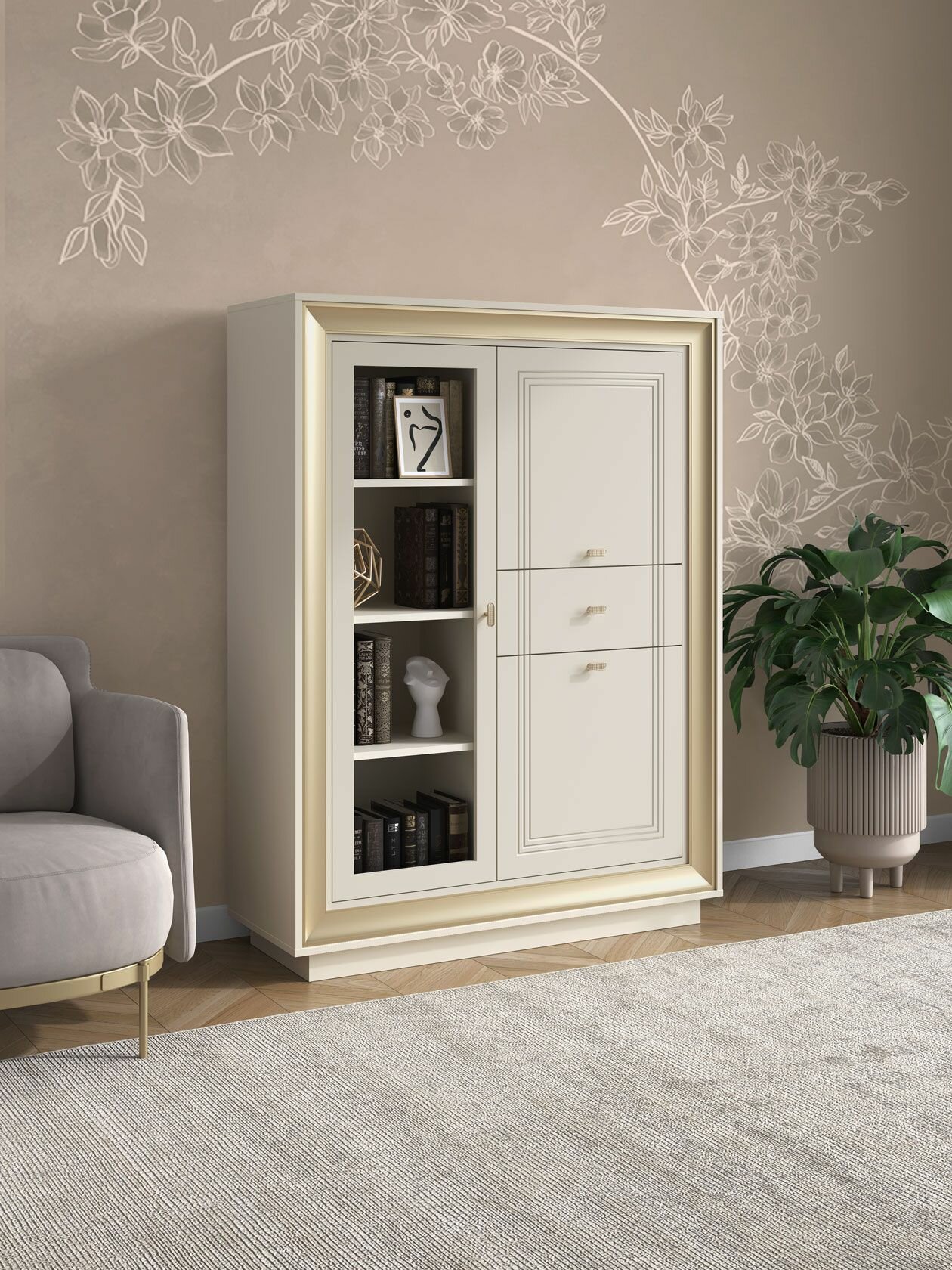 Шкаф-витрина Прато Комби с полками, с ящиком, 110х42.4х145.7 см, Зефир / Миндаль