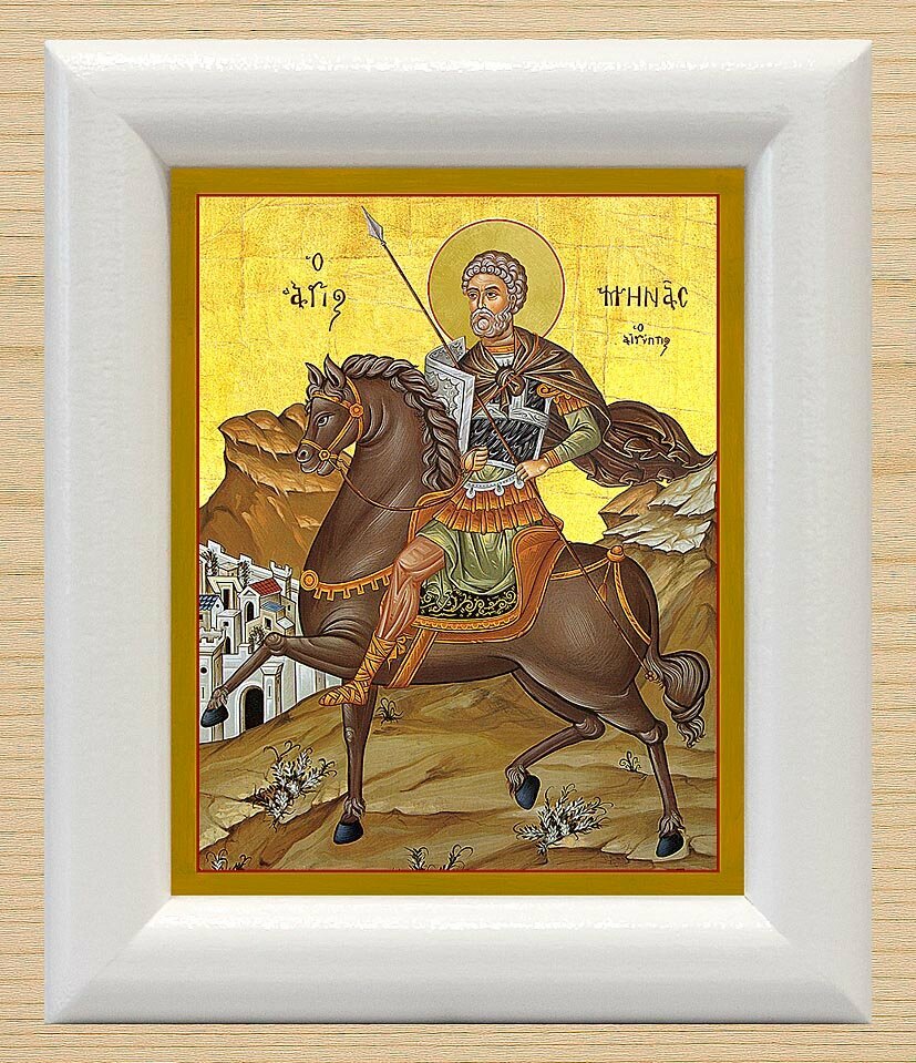 Великомученик Мина Котуанский (Фригийский), икона в белой деревянной рамке 8*9,5 см