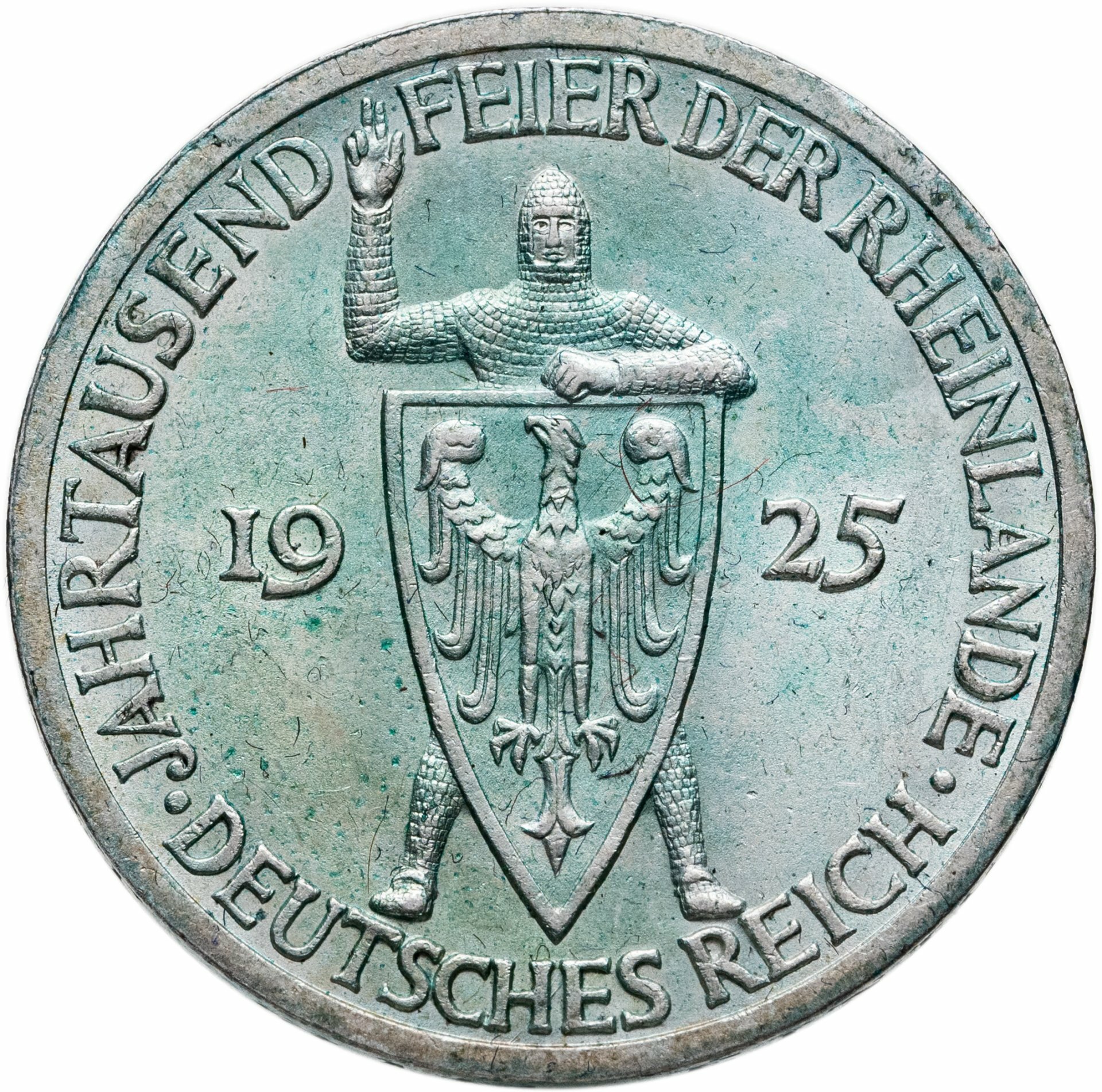 Германия 3 рейхсмарки reichsmark 1925 A "Тысячелетие Рейнской области Рейнланда", Серебро 500, в сохранности AU