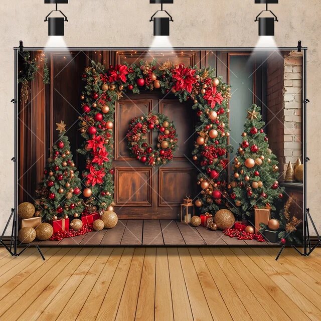Рождественские арки, двери и окна, сверкающие венки, елочные украшения для детских и семейных праздников — фон для фотосъемки
