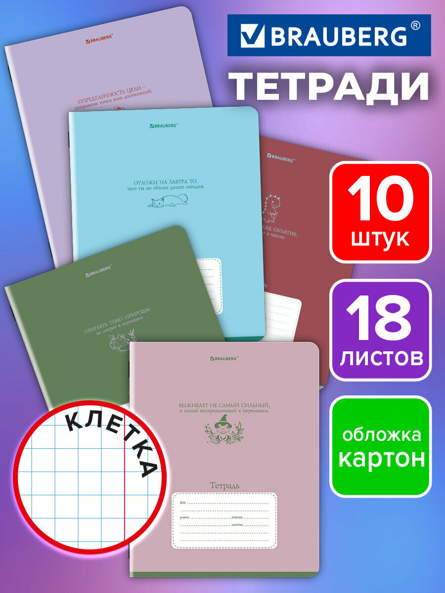 Тетрадь в клетку 18 листов для школы набор 10 штук, обложка картон, Brauberg Phrases, 107333