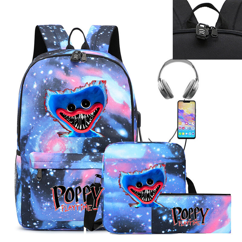 Poppy playtime студенческая школьная сумка из трех предметов Poppy playtime зарядка холст мужской и женский рюкзак