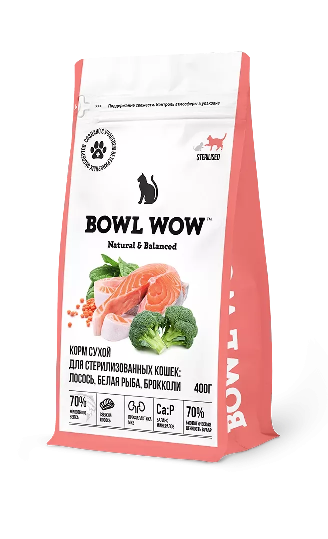 Сухой корм BOWL WOW Fresh Meat для стерилизованных кошек с лососем, белой рыбой и брокколи, 400гр