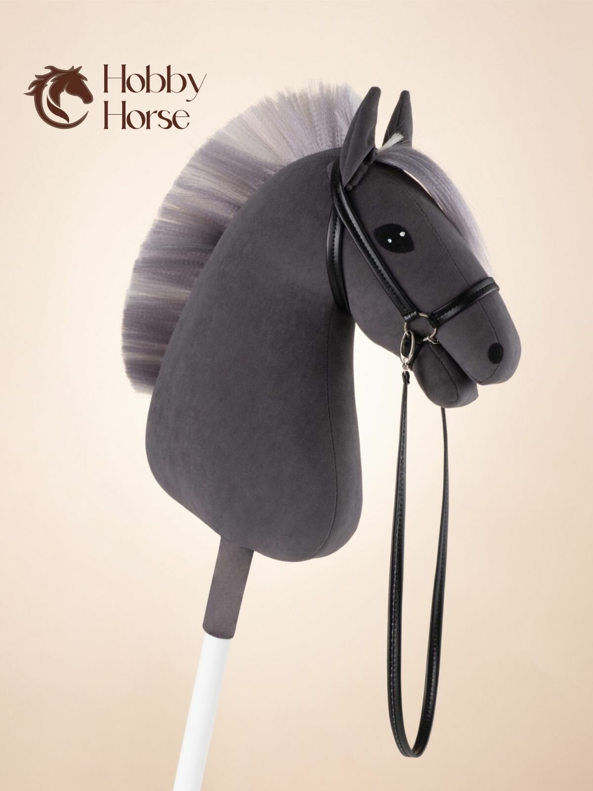 Хоббихорс Фьорд с гривой из канеколона - конь на палке, темно-серый, 70 см