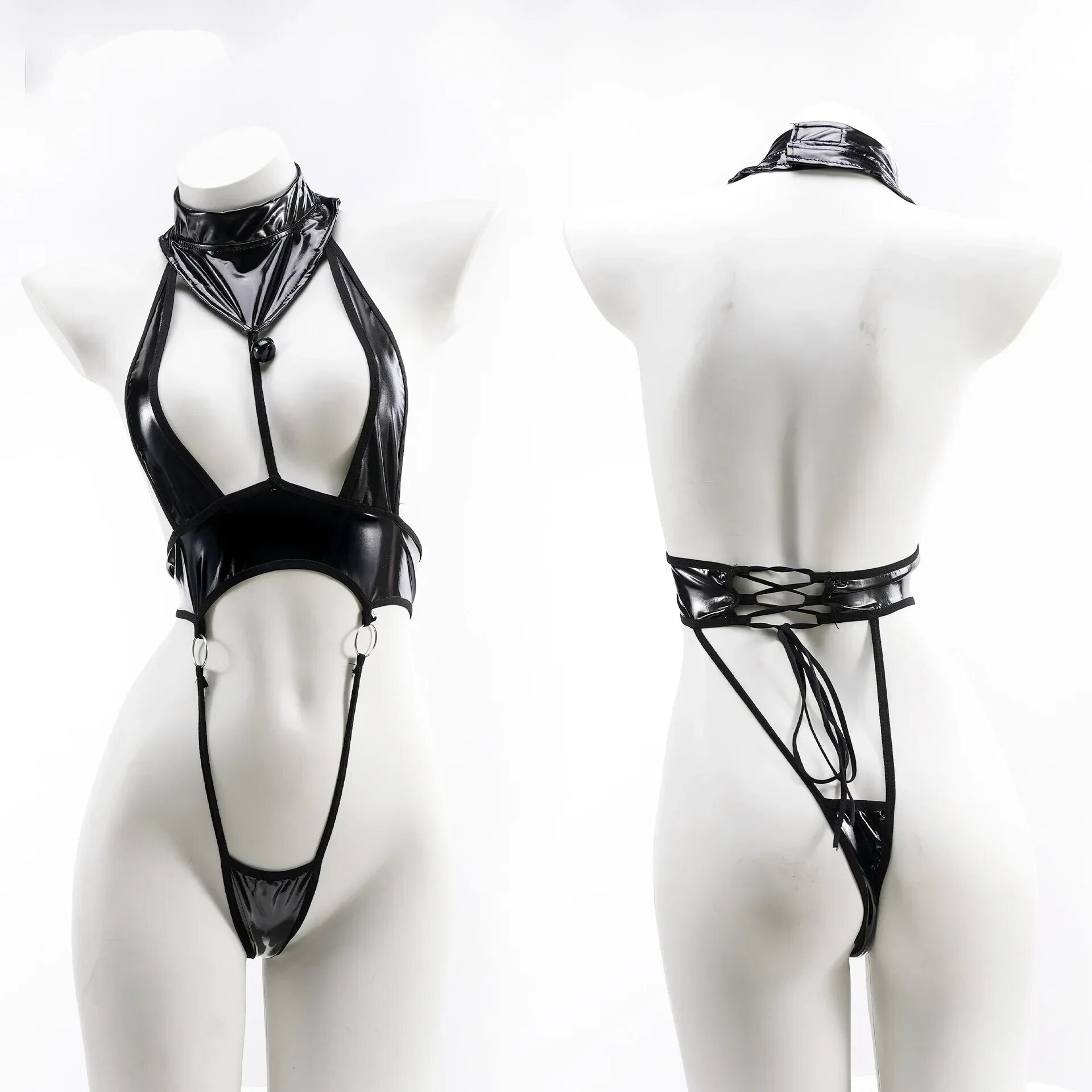 Кожаное боди для взрослых, сексуальное нижнее белье, костюм для ролевых игр, женское нижнее белье, вечерние у бассейна, купальник из латексной кожи, бикини Черный, A