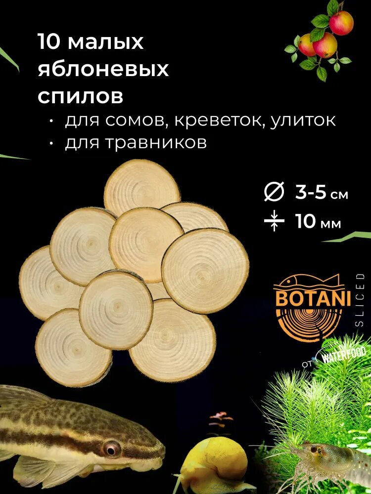 10 малых яблоневых спилов для аквариума BOTANI SLICED от WATER FOOD (3-5 см, 10 шт.) - для сомов, креветок, улиток