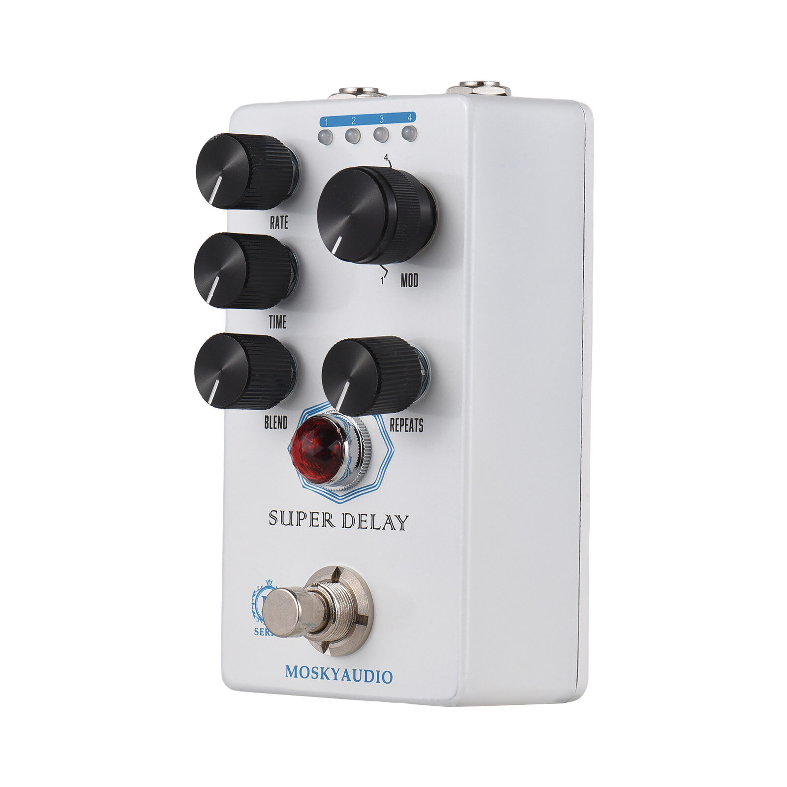 Педаль эффектов задержки для электрогитары SUPER DELAY с Blend/Time/Rate/Repeats, 4-режимным ручком, True Bypass, DC 9V, интерфейс 6.35mm, белый цвет, алюминиевый сплав, размер 11.5*6.5*5cm, вес 320g, 1 шт.