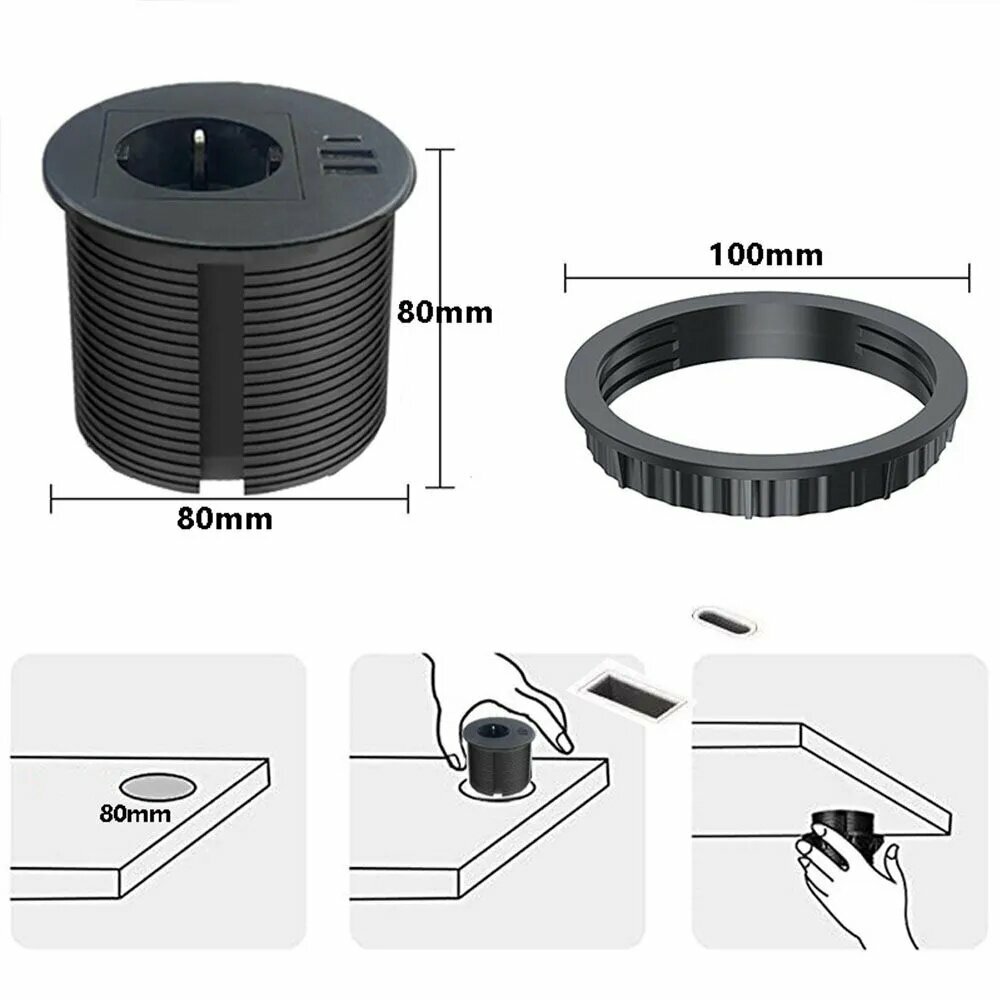 Встраиваемая выдвижная розетка для столешницы / 1 розетка + 2 USB A + USB Type-C
