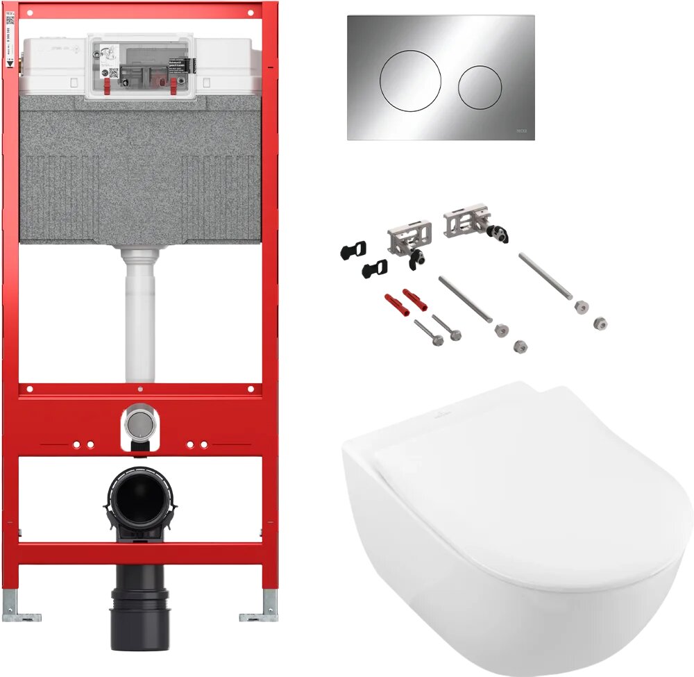 Комплект Унитаз подвесной Villeroy & Boch Subway 2.0 5614R201 alpin / Инсталляция TECE Profil TECEprofil Uni 2.0 9300302 / Кнопка хром глянцевый, Крепления к стене