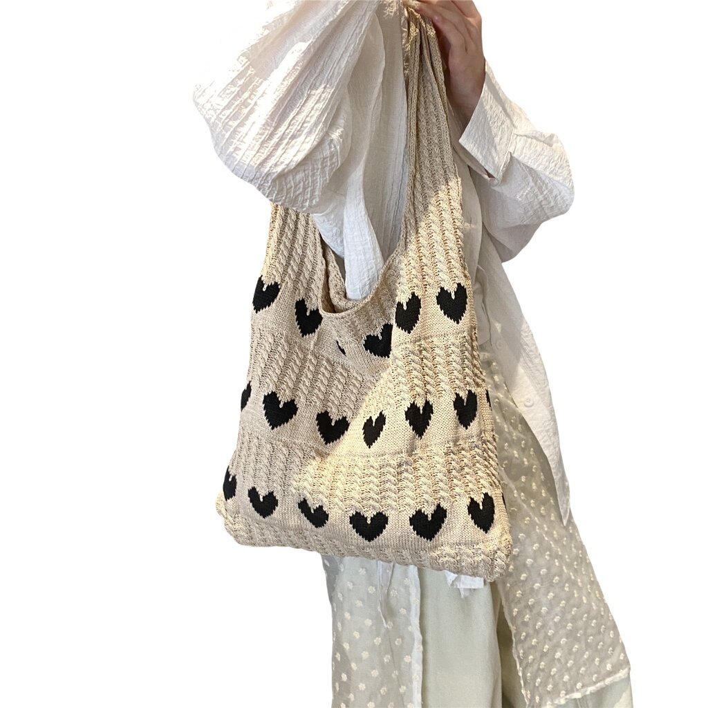 Женская вязаная легкая сумка через плечо с милым сердечком, вязаная крючком сумка через плечо, сумочка