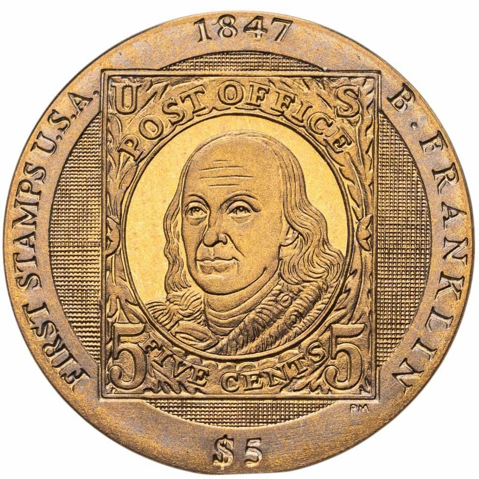Британские Виргинские острова 5 долларов 2007 "160 лет первой почтовой марке США Вашингтон" в футляре, титан, в сохранности UNC