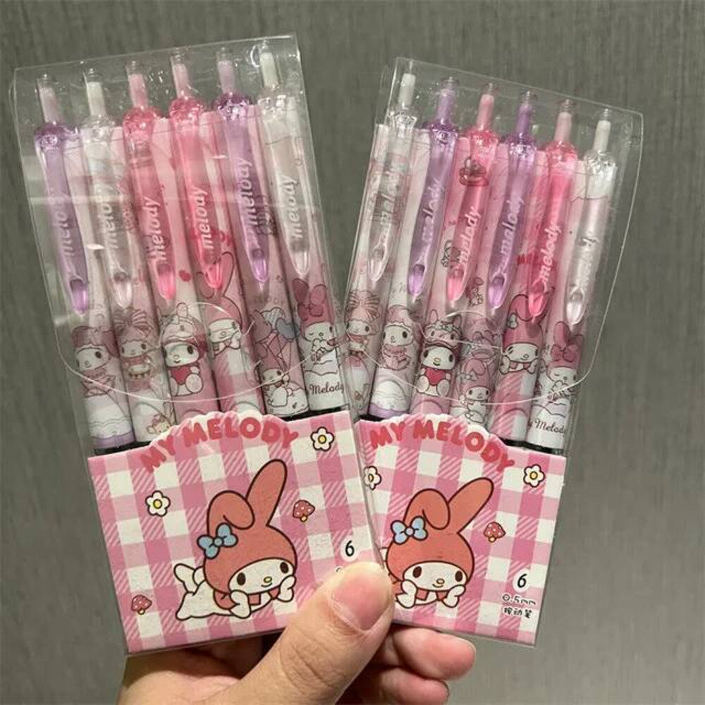 Набор гелевых ручек Sanrio Hello Kitty (6 шт, стержень 0,55 мм), ручки Y2k Cinnamoroll Kuromi Melody Cartoon Press Pen, черные, канцелярские принадлежности.