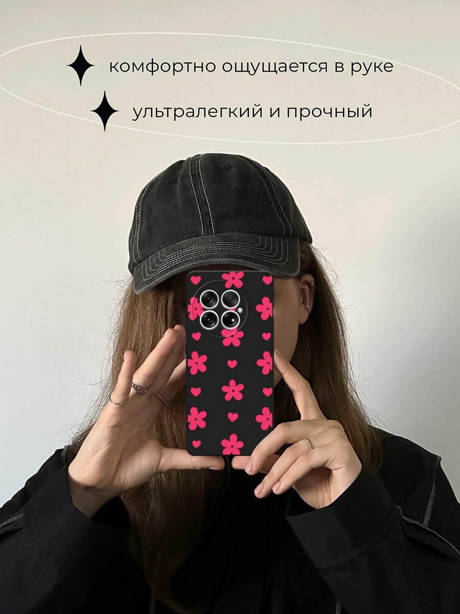 Черный матовый чехол на OnePlus 13 / Ван Плас 13 с принтом Ярко-розовые цветочки — фото 1