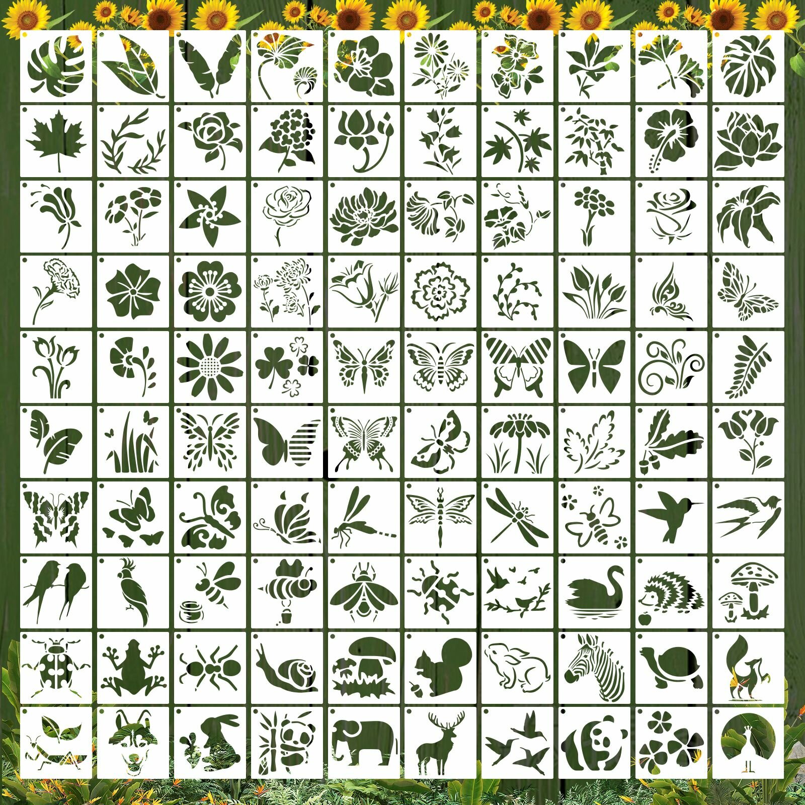 100 многоразовых трафаретов для рисования цветами, 7,5 см (3 дюйма) набор шаблонов с цветами, растениями и лесными животными для росписи по дереву, рукоделия и настенного декора