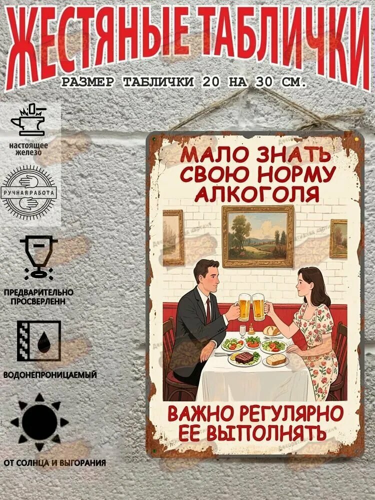 Прикольная табличка на стену дома, офиса или бара Мало знать Норму алкоголя! металл, 20х30 см