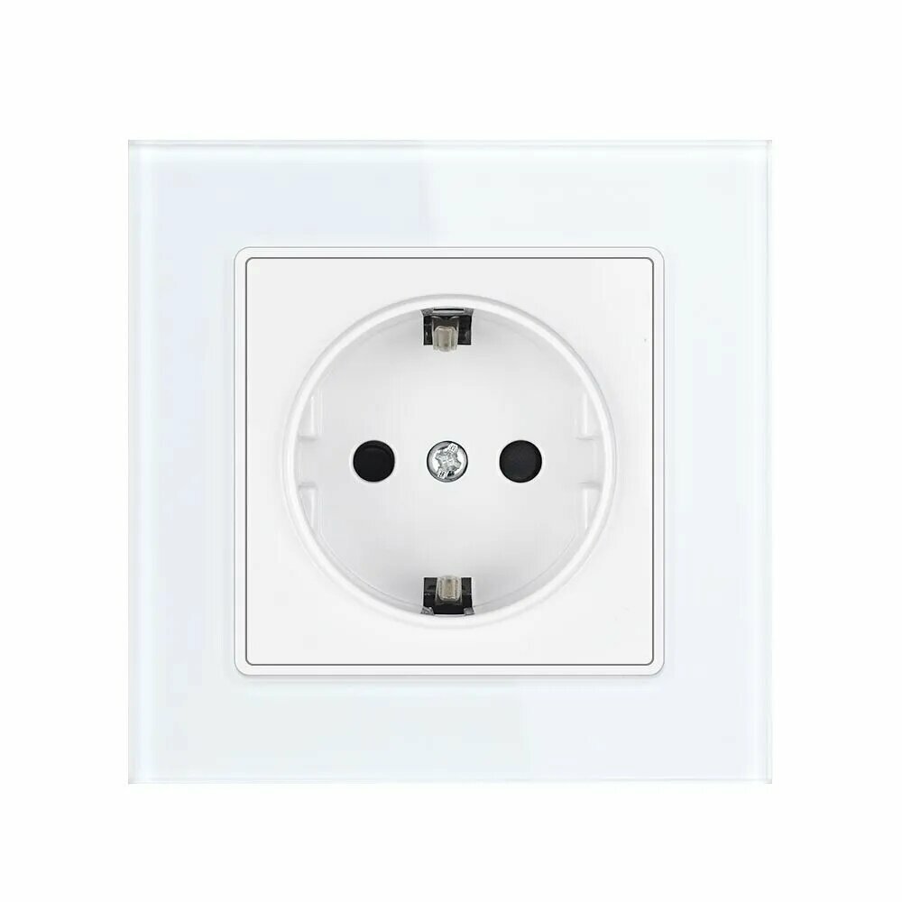 Cтекло розетка белая с заземлениемвнутренняя одинарная с рамкой,250V 16A, скрытого монтажа