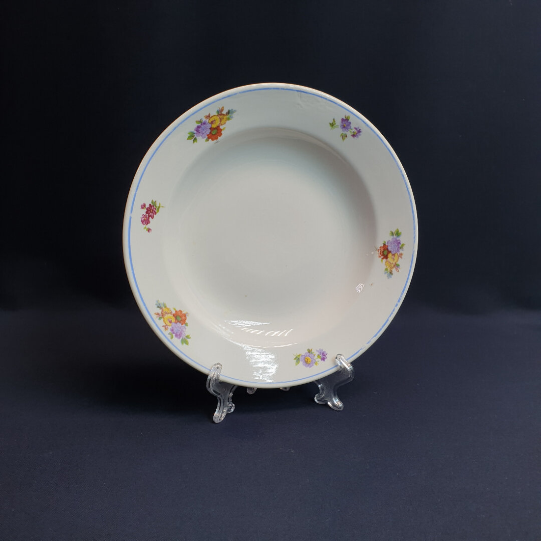 Суповая тарелка Дулево, фарфор деколь 20 см, дефекты, винтаж СССР