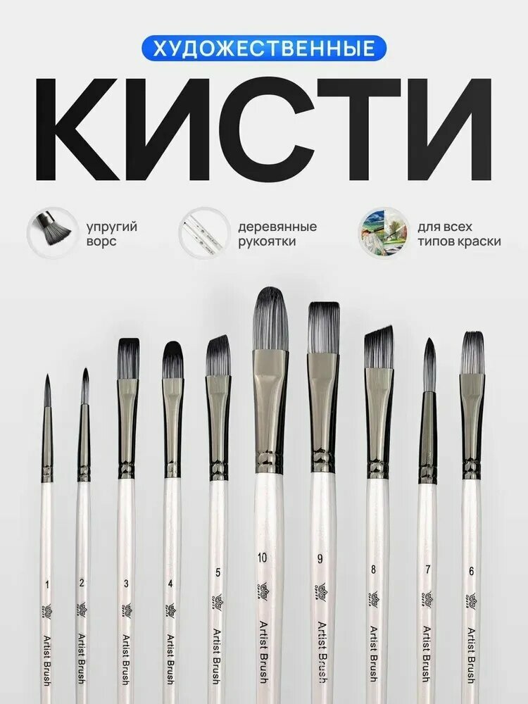 Набор кистей для рисования Плоская, Овальная № 1, 2, 10 шт.