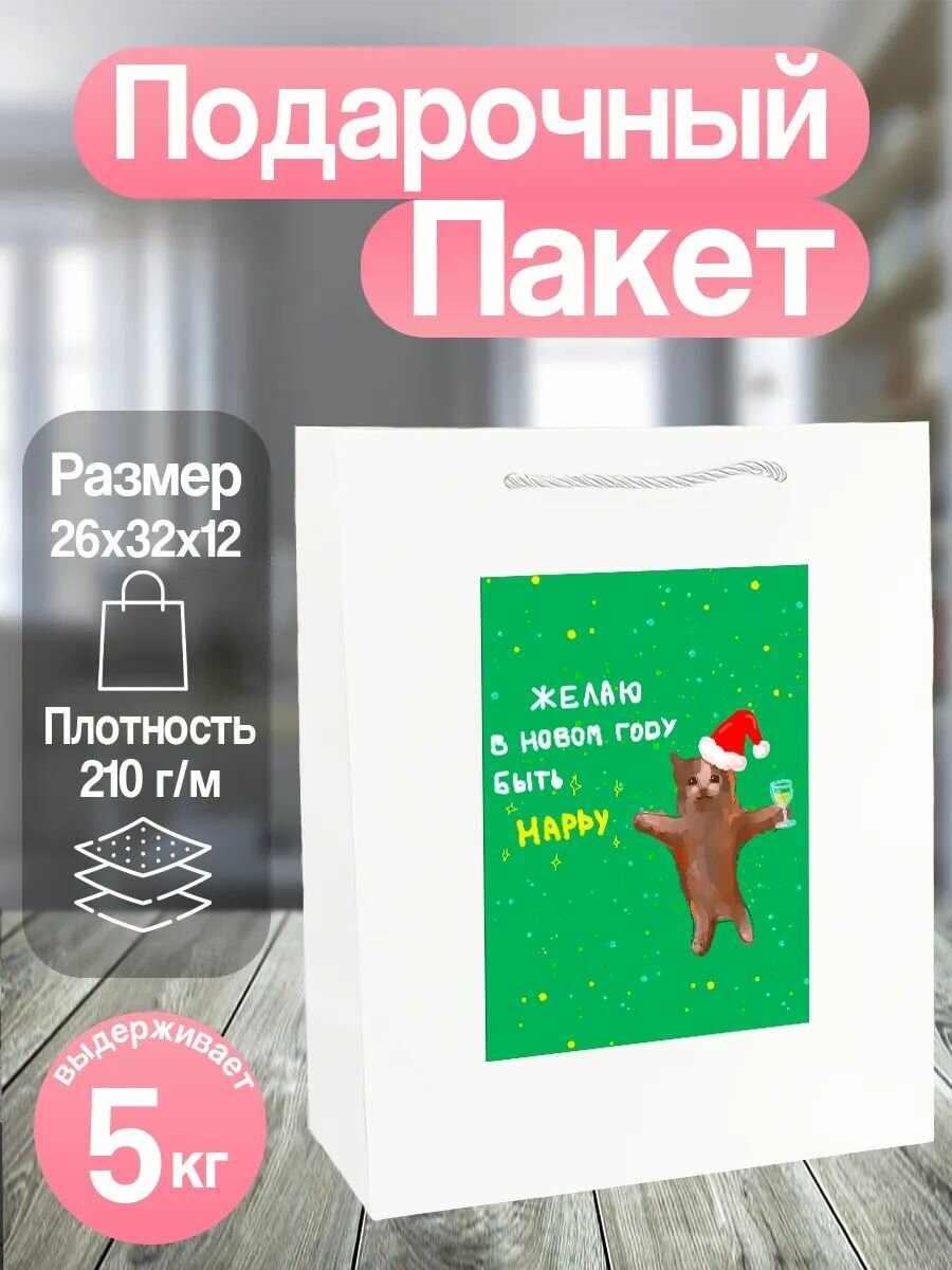 Пакет новогодний подарочный мем котики, упаковка для подарка, 26х31 см