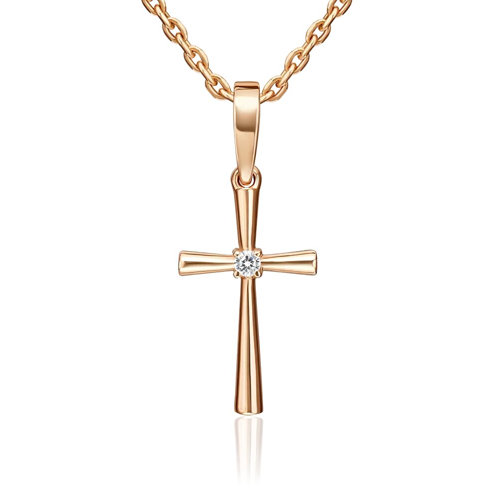 Крестик, красное золото, 585 проба, родирование, бриллиант