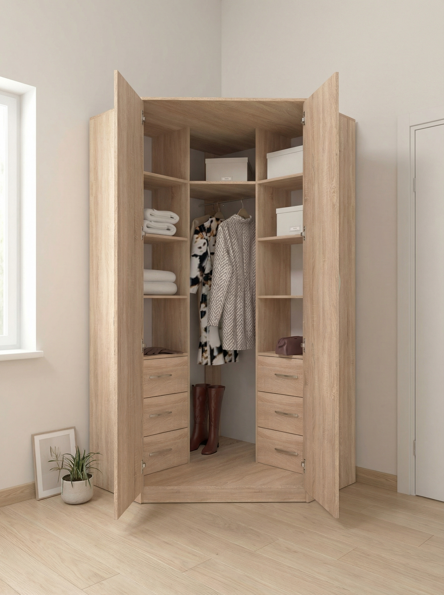 Шкаф угловой распашной Анри-3 с 6 ящиками, 9 полками и штангой для вешалок, дуб сонома