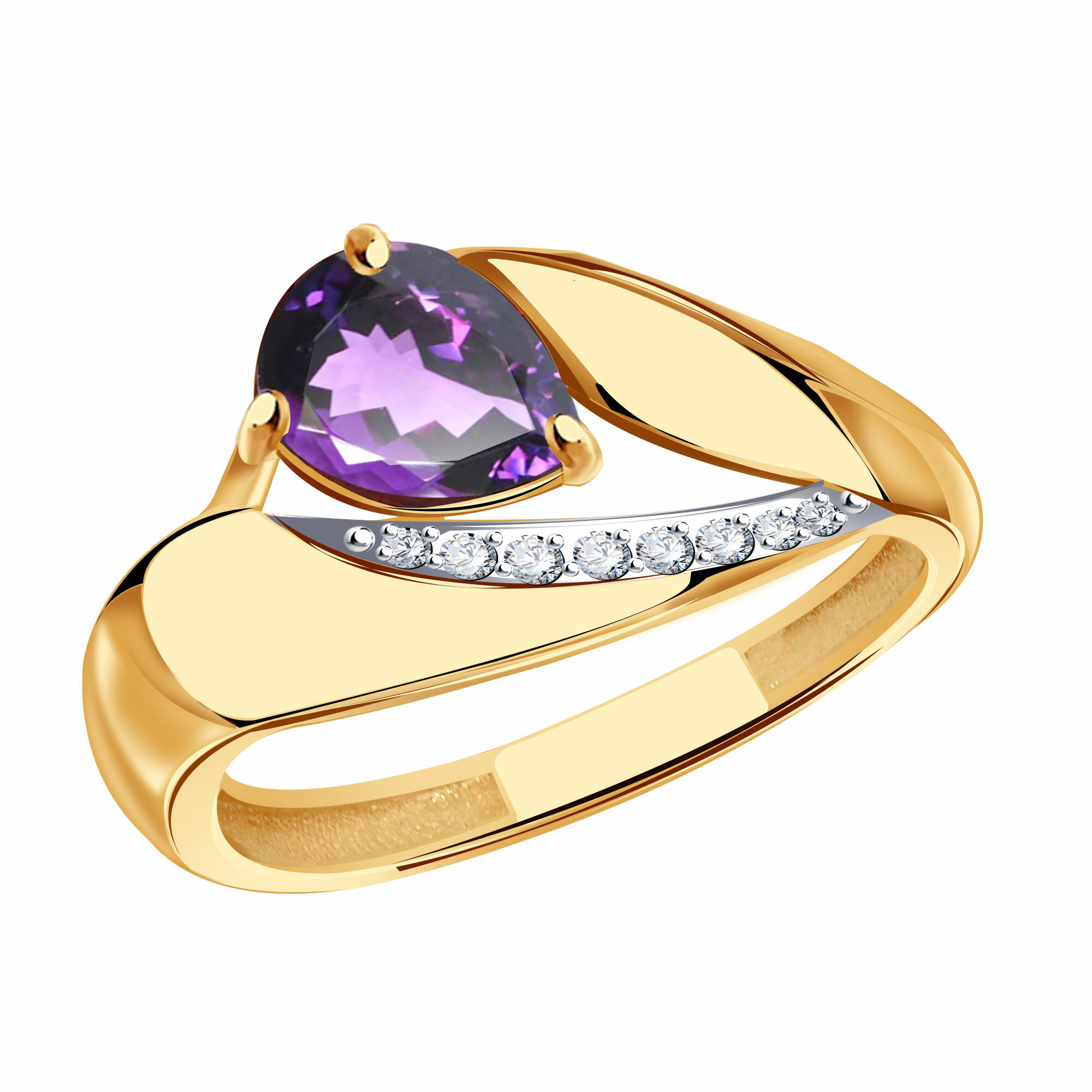 Кольцо, красное золото, 585 проба, аметист, фианит