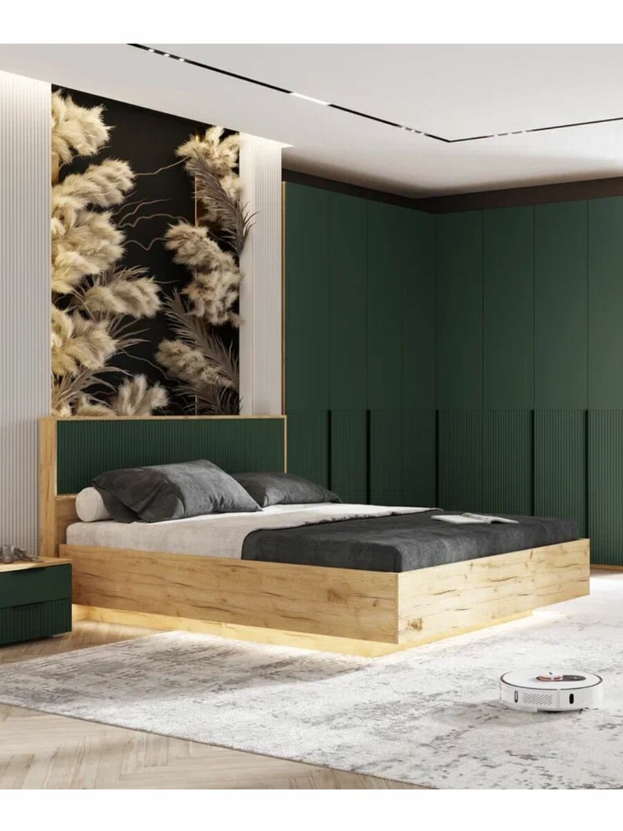 Кровать двуспальная парящая Марвэл 1.6 Дуб Крафт/Браш Мени Грин/Дуб Крафт, МИФ